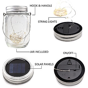YKB Solar Mason Jar Lid Lights, 6 Pack Hanging Solar Lights Outdoor, 30 LEDs String Fairy Lights Led Table Lanterns, Decor for Garden Yard Patio Lawn Christmas (Hangers and Jars Included)