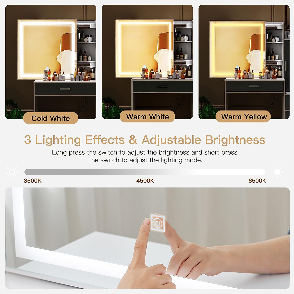 usikey Makeup Vanity Desk, Makeup Vanity Table with Sliding LED Lighted Mirror, Vanity Table with 4 Drawers & Cabinet, 3 Lighting Modes & Brightness Adjustable, Bedroom Dressing Table, White and Grey