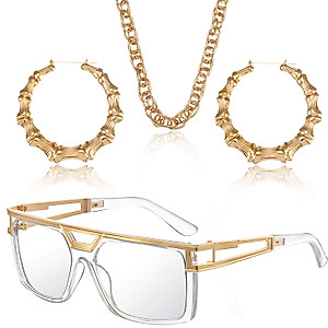 GEJOY 90s Accessories Outfit for Woman 80s Clothes Hip Hop Costume Kit Old School Rapper Sunglasses Faux Gold Rope Chain Earrings 80s/ 90s Buchona Freaknik Theme Party Decorations