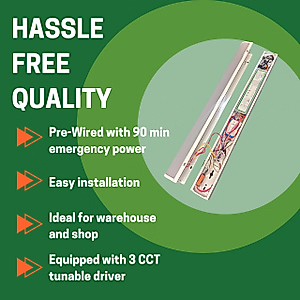 E2 Lighting 4ft LED Light Strip, 40W Linear with Emergency Battery, 3 CCT Tunable 3500K/4000K/5000K, Dimmable, Ideal for Warehouse Use-4 Pack