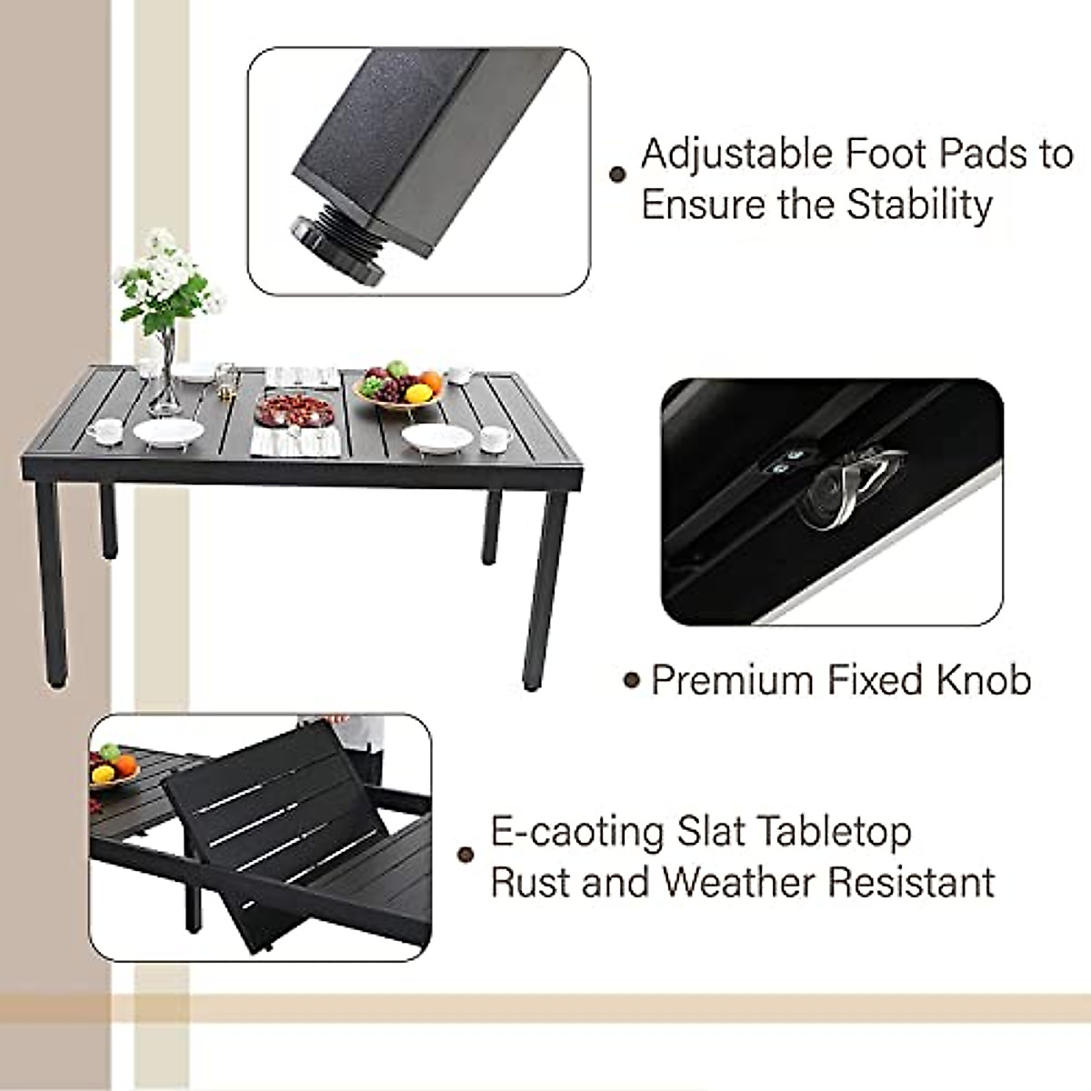 MFSTUDIO 7 Pieces Patio Dining Set, Rectangular Expandable Black Metal Table with 6 Padded Textilene Fabric Chairs, Outdoor Furniture Set for Garden, Poolside, Backyard, Porch