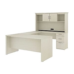 Bestar Logan U or L-Shaped Executive Office Desk with Pedestal and Hutch, 66W, White Chocolate