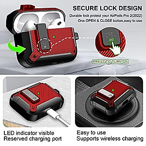 [7in1 Set] for AirPods Pro 2nd Generation Case 2022, with Secure Lock Carbon Fiber Airpod Pro 2 Case for Men Women, Full Body Shockproof Protective Case for AirPods Pro 2nd Generation (2022), Red