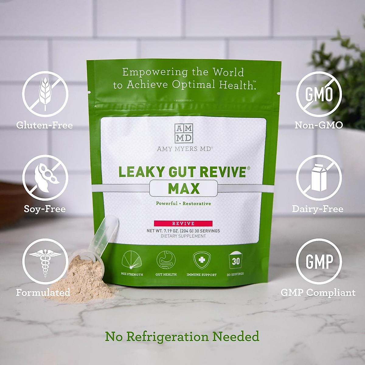 Amy Myers MD Leaky Gut Revive MAX Powder for Leaky Gut Repair “ Potent L-Glutamine Powder to Support Constipation, IBS, Diarrhea, Bloating, Gas, SIBO “ Plant Based Supplement for Gut Health, 1 Month