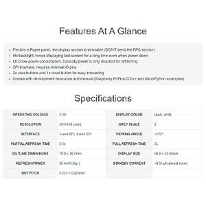 2.9inch Flexible E-Paper Display Module for Raspberry Pi Pico, 296×128 Resolution E-Ink Display Panel, Black/White Display Color, SPI Interface, Support Partial Refresh
