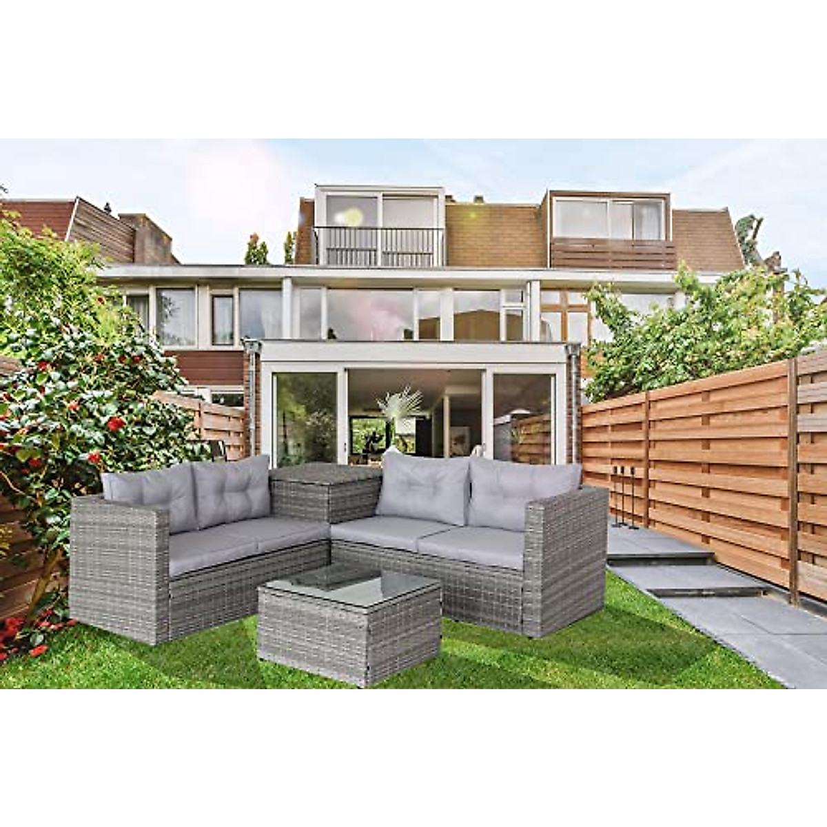 GODAFA 4-Piece Outdoor Patio Furniture Set-All-Weather PE Rattan Sectional Sofa with Storage Box-Perfect for Backyard, Porch, and Poolside, 1, Gray