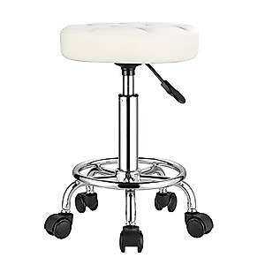 FNZIR Round Rolling Stools PU Leather Seat Height Adjustable Swivel Stool with Wheels White