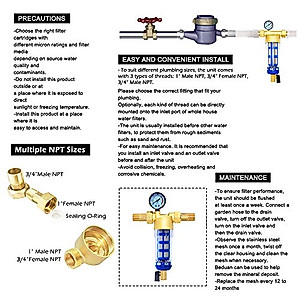 Beduan Reusable Spin Down Sediment Water Filter for Whole House Prefilter System Protector,1"Male Thread,3/4"Male & Female Thread,1/2"Male Thread (50 Micron & Pressure Gauge)