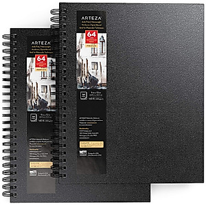 ARTEZA Watercolor Sketchbook, 2-Pack, 64 Pages Each, 9x12 Inches, Black Hardcover Watercolor Notebook, 140lb/300gsm Spiral Watercolor Paper