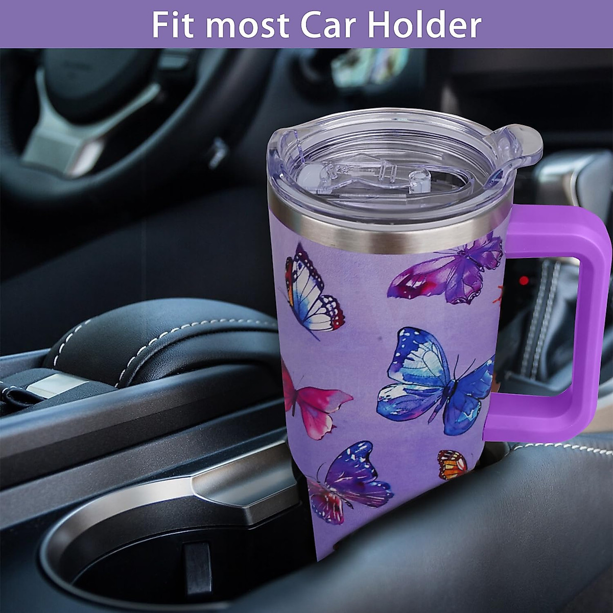 ZNYYZYBA 40 oz Tumbler with Handle and Straw, 40oz Butterfly Tumbler with Leak Proof Lid, Reusable Stainless Steel Insulated Travel Coffee Mug, Butterfly Gifts for Women