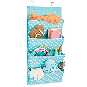 mDesign Soft Fabric Wall Mount/Over Door Vertical Hanging Storage Organizer Center - 4 Large Pockets for Baby Child/Kids Bedroom, Nursery, Playroom, Closet - Polka Dot Print - Turquoise Blue/White