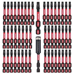 GEINXURN 50 Pieces T25 2 In. Impact Tough Magnetic #25 Torx Head Power Bits, S2 Alloy Steel T25 Screwdriver Bits Set with 1Pcs Impact Bit Holder