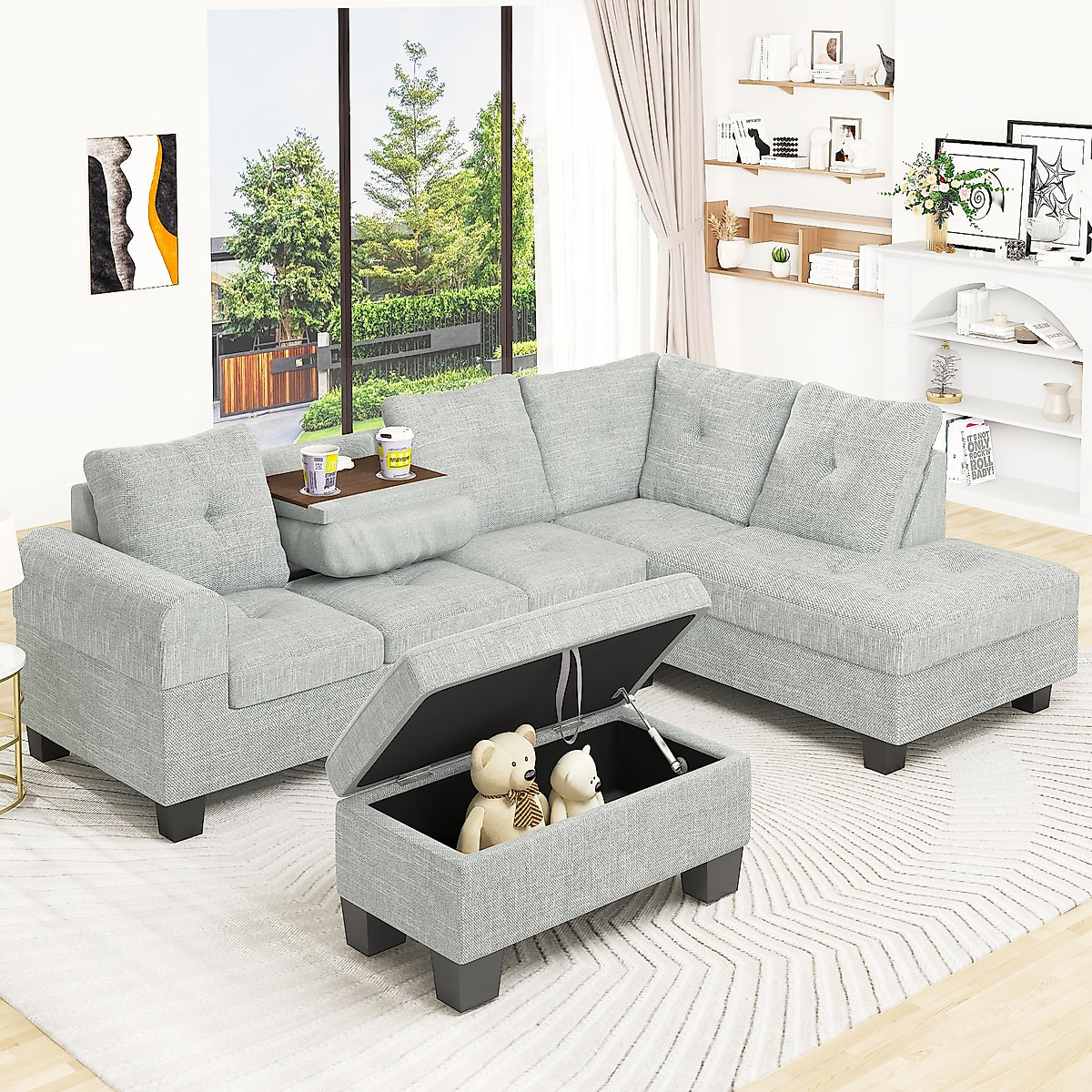 AWQM Modular Sectional Sofa with Ottoman, Fabric L-Shaped Couch with Chaise & Cup Holders, Living Room Furniture Sets Sectional Sofa Set, 6 Seat Corner Couch Sofa for Living Room, Apartment