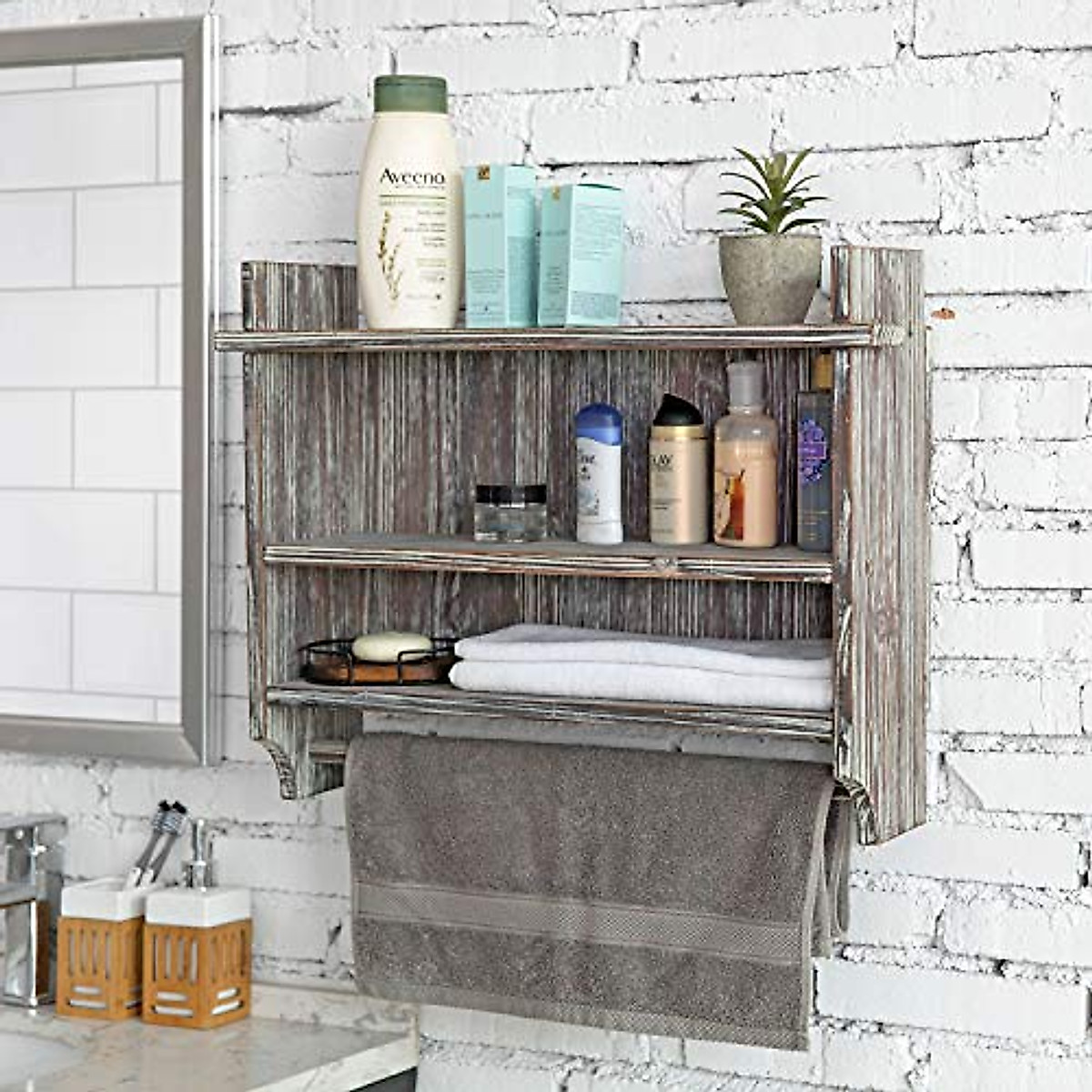 MyGift Torched Wood Wall Mounted 3 Tier Bathroom Shelf Storage Display Rack with 23-Inch Towel Bar