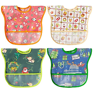 2ooya 4pcs Baby Christmas Bibs Baby Waterproof Bibs Toddler Kids Feeding Bib Set with Crumb Catcher Pocket Infant Adjustable Baby Teething Food Bib Baby Keepsake Gift for Christmas（6-12 Months）