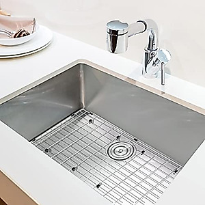 LQS Kitchen Sink Grid, Sink Protectors for Kitchen Sink 28 3/8" x 15 3/8" with Rear Drain Hole for Single Sink Bowl, Stainless Steel Sink Grate, Sink Protector, Sink Bottom Grid