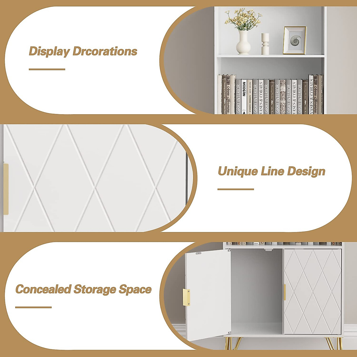 Anbuy White Bookshelf, 3 Tier Tall Bookcase with Doors, Storage Wood Shelves Modern Bookcases, Library Book Case for Living Room Bedroom Home Office Kitchen