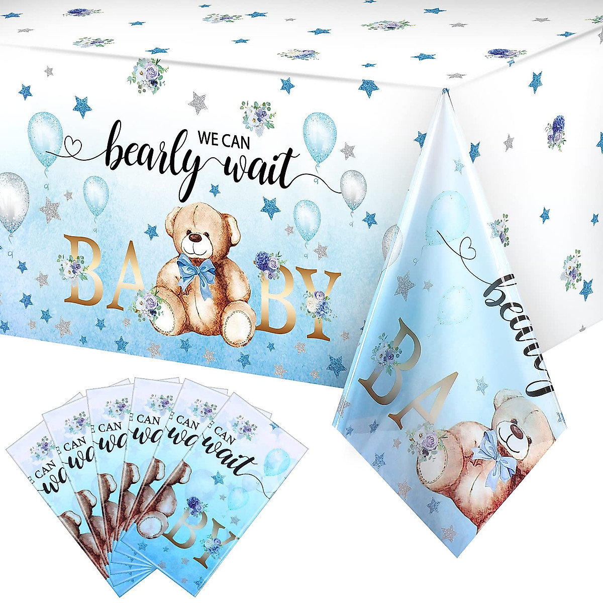 Bear Baby Shower Tablecloth Plastic Bear Table Cover We Can Bearly Wait Baby Tablecloth Bear Balloon Star Flower Table Cover for Kids Birthday Party and Baby Shower, 54 x 108 Inch (Blue,6 Pack)