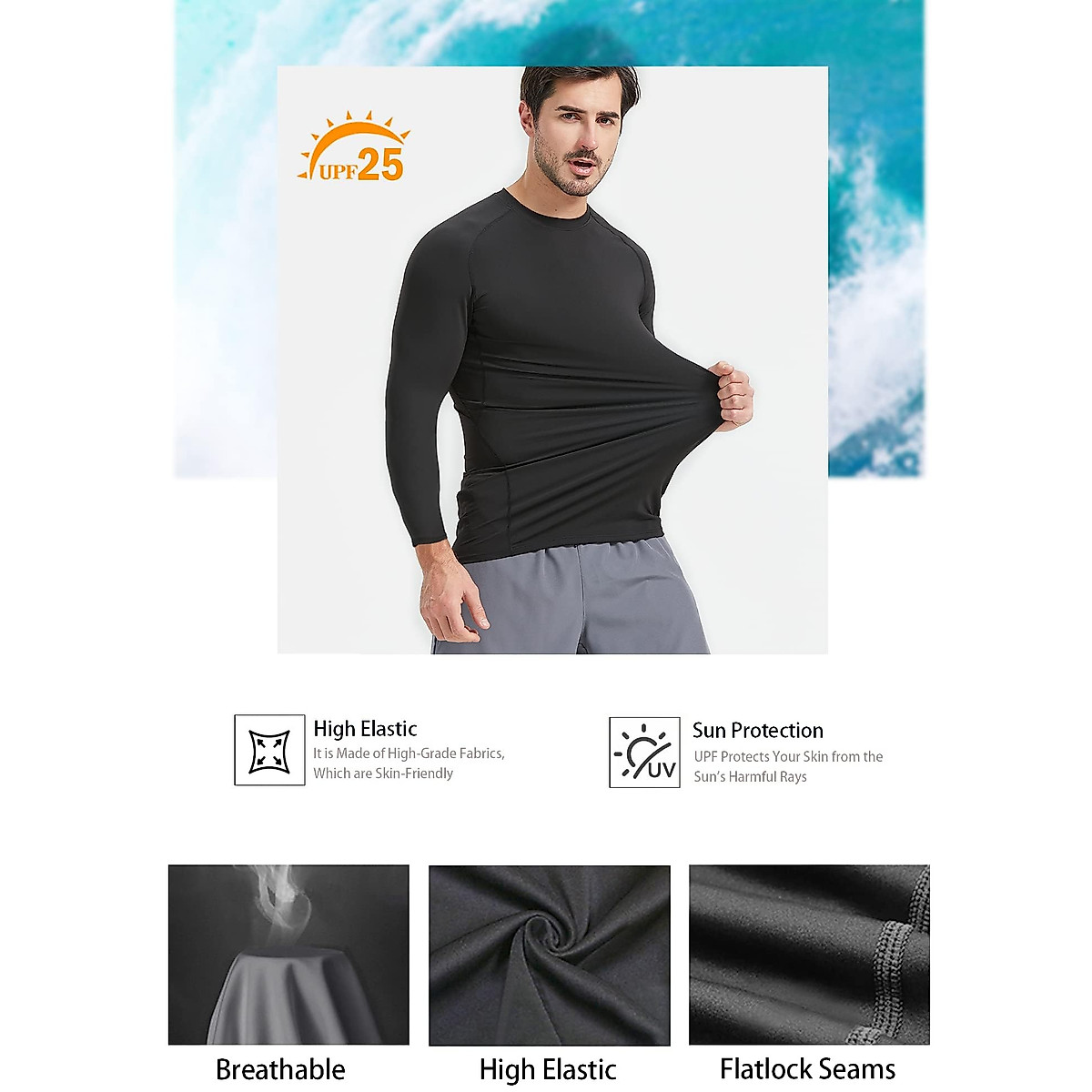 HOPLYNN 5 Pack Workout Compression Shirts Men Long/Short Sleeve Rash Guard Athletic Undershirt Gear T Shirt for Sports 2 Black 2 White 1 Blue S