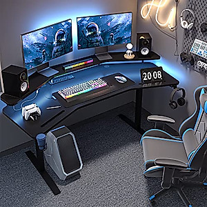 Melodyblue Gaming Desk with LED Lights, 63" Wing-Shaped Computer Desk with RGB Mouse Pad, Power Outlets, Monitor Stand, Headphone Hook, Cup Holder, Ergonomic Studio Desk, Gaming Table, Black