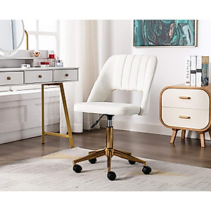 DM Furniture Velvet Office Desk Chair with Wheels, Mid Back Modern Home Office Chair Small and Cute for Bedroom, White with Gold Base
