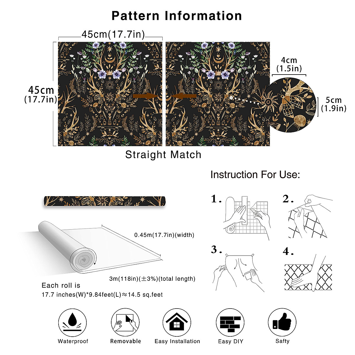 HAOKHOME Gothic Wallpaper Peel and Stick Retro Floral Damask Bronze/Black/Purple Witchy Wall Decor Bathroom Removable Mural 17.7in x 9.8ft