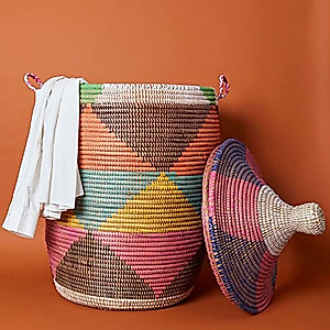 Senegal Jumbo Hand Woven Grass Colorful Triangle Basket with Hooded Lid