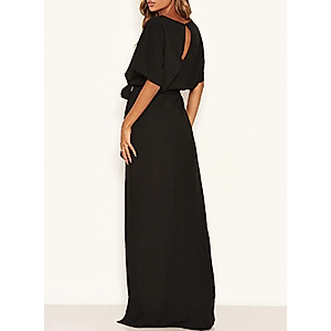 Happy Sailed Womens Batwing Sleeve Tie Waist Long Maxi Dress Side Split Formal Party Dresses Evening Gown Black Medium