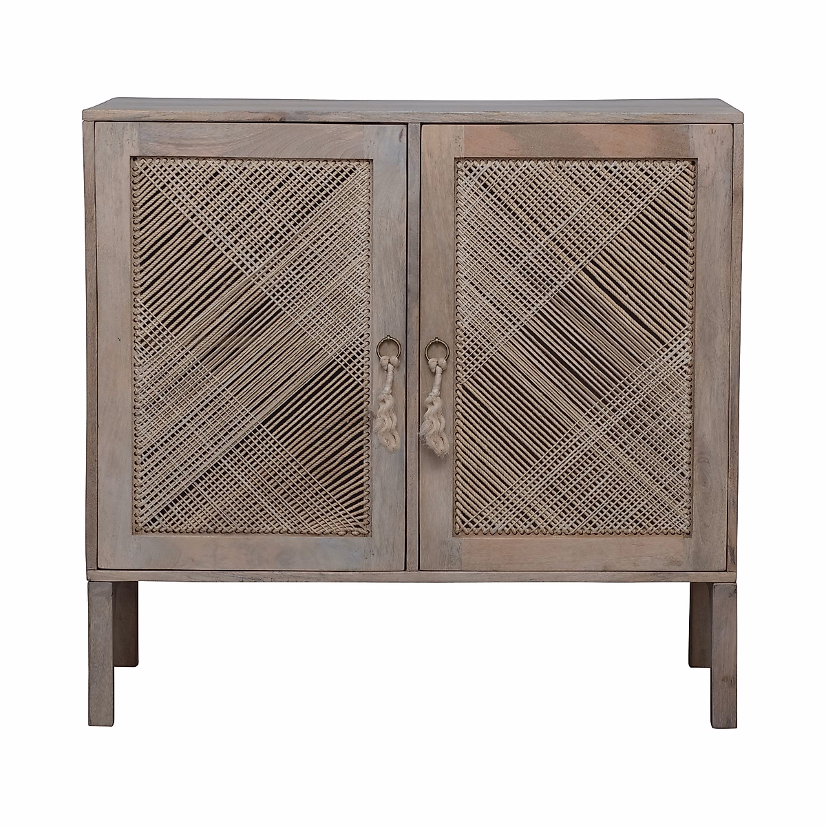 Creative Co-Op Mango 2 Woven Rope Doors, 1 Shelf and Tassel Handles Console, Bleached Wood