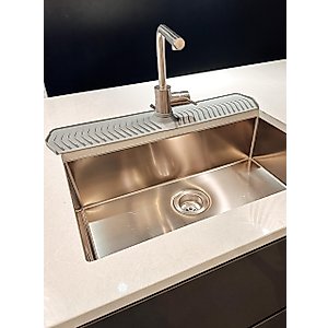 30 inch XXL long sink splash guard, sloped for water runoff, heavy duty adjustable fit splash guard, kitchen sink mat, faucet handle drip catcher, water counter protector, faucet draining mat