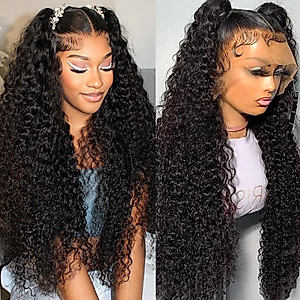 JADEFLO 13x4 Deep Wave 24 inch Lace Front Wigs Human Hair Pre Plucked with Baby Hair 180 Density Curly lace frontal Wigs for Women Human Hair HD Lace Deep Wave Frontal Wig Natural Color (24 Inch)