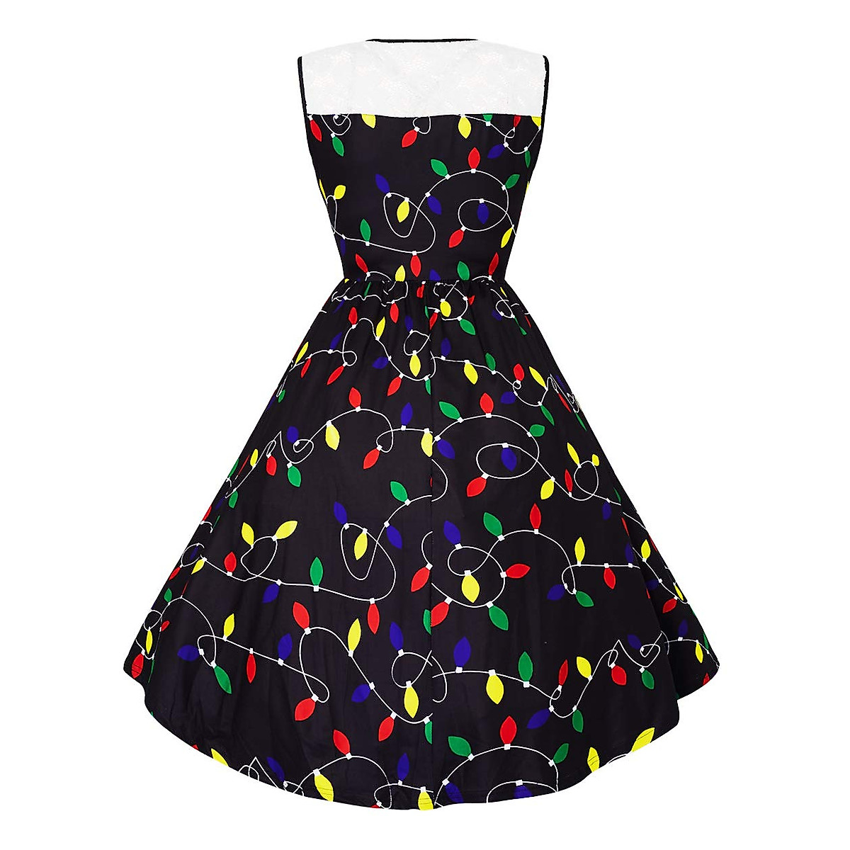 UNIFACO Women Plus Size Christmas Dress Sleeveless High Waist Lace Round Neck Funny Color Bulb Print Flared Swing Aline Black Dress