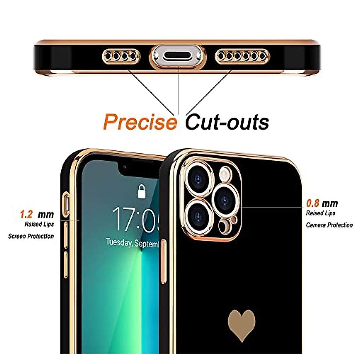 Teageo for iPhone 13 Pro Case for Women Girl Cute Love-Heart Luxury Bling Plating Soft Back Cover Raised Full Camera Protection Bumper Silicone Shockproof Phone Case for iPhone 13 Pro, Black