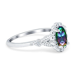 Blue Apple Co. Simulated Rainbow Cubic Zirconia Size-8 Vintage Oval Art Deco Wedding Engagement Ring Round Simulated Cubic Zirconia 925 Sterling Silver