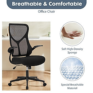 High Back Office Chair Flip up Arms, Ergonomic Mesh Chair Adjustable Height Desk Chair with Lumbar Support and Wheels Work Chair for Home Office, Black