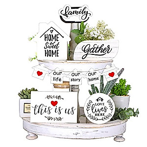 10 Pieces Farmhouse Tiered Tray Decor Wooden Rustic Decorations Home Sweet Home Family Gather Love Wood Block Our Life Our Story Table Signs for Farmhouse Home Kitchen Shelf Coffee(Classic)