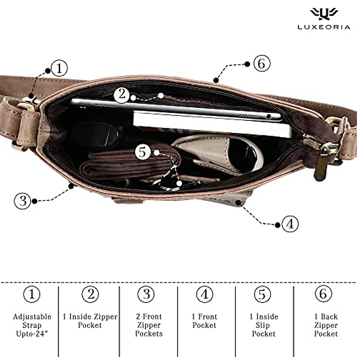 LUXEORIA Genuine Leather Crossbody Sling Bag for Women Men Rustic - Hunter Brown