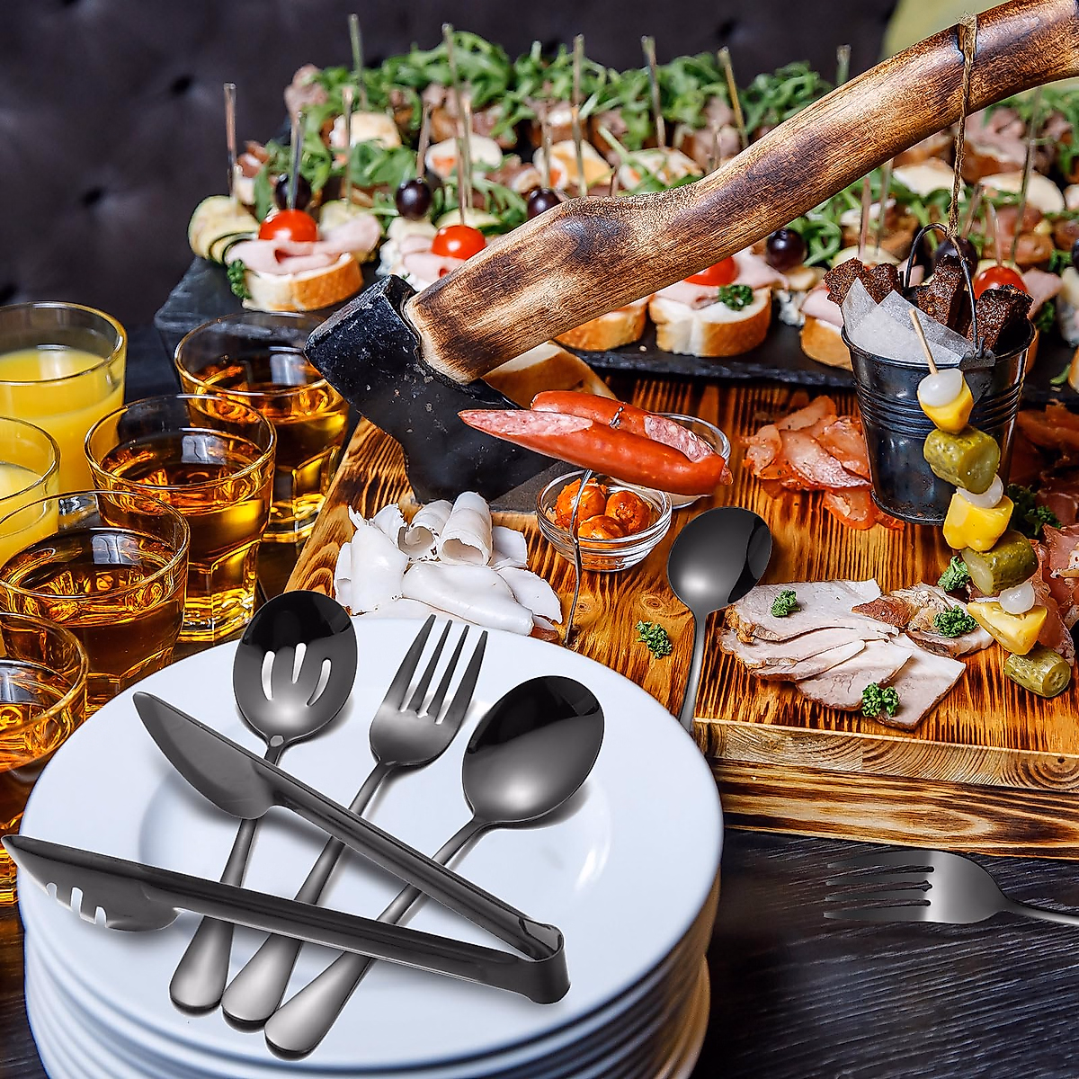 Patelai 15 Pieces Christmas Stainless Steel Serving Utensils Set 8.7" Large Serving Spoons Slotted Spoon 9.45" Tong 9" Serving Forks Flatware Kitchen Catering Banquet Wedding Party (Black)