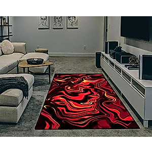Modern Abstract Red Marble Area Rugs for Living Room Kitchen Bedroom Abstract Flame Fire Red Yellow Black Marble Background Wave Swirl Bathroom Rugs Stain Resistant Carpet Mat Pad Home Decor