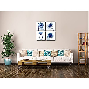 Pyradecor Blue Flickering Flower Modern Abstract Paintings Canvas Wall Art Gallery Wrapped Grace Floral Pictures on Canvas Prints 4 Panels Artwork for Living Room Bedroom Office Home Decorations