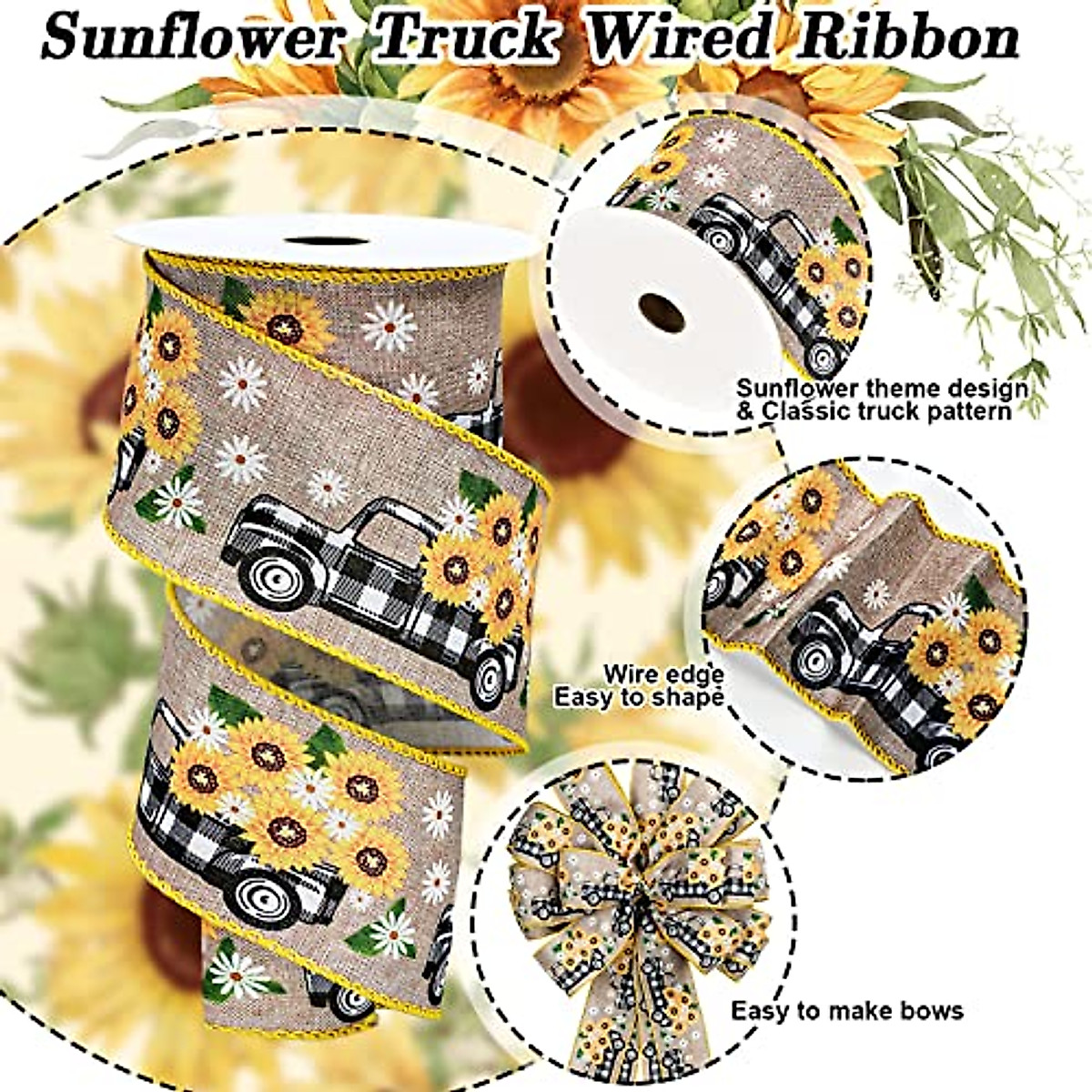 Whaline Sunflower Truck Wired Edge Ribbon Vintage Spring Summer Floral Fabric Ribbon Farmhouse Buffalo Plaids Decorative Craft Ribbon for Gift Wrapping Hair Bow Sewing Wreath Crafts, 10 Yards