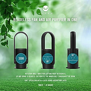 ULTTY Bladeless Tower Fan and Air Purifier in one, 90° Oscillating Bladeless Fan with Remote, Touch, 8H Timer, Floor Fans for Bedroom Whole Room Home Office R021, Black