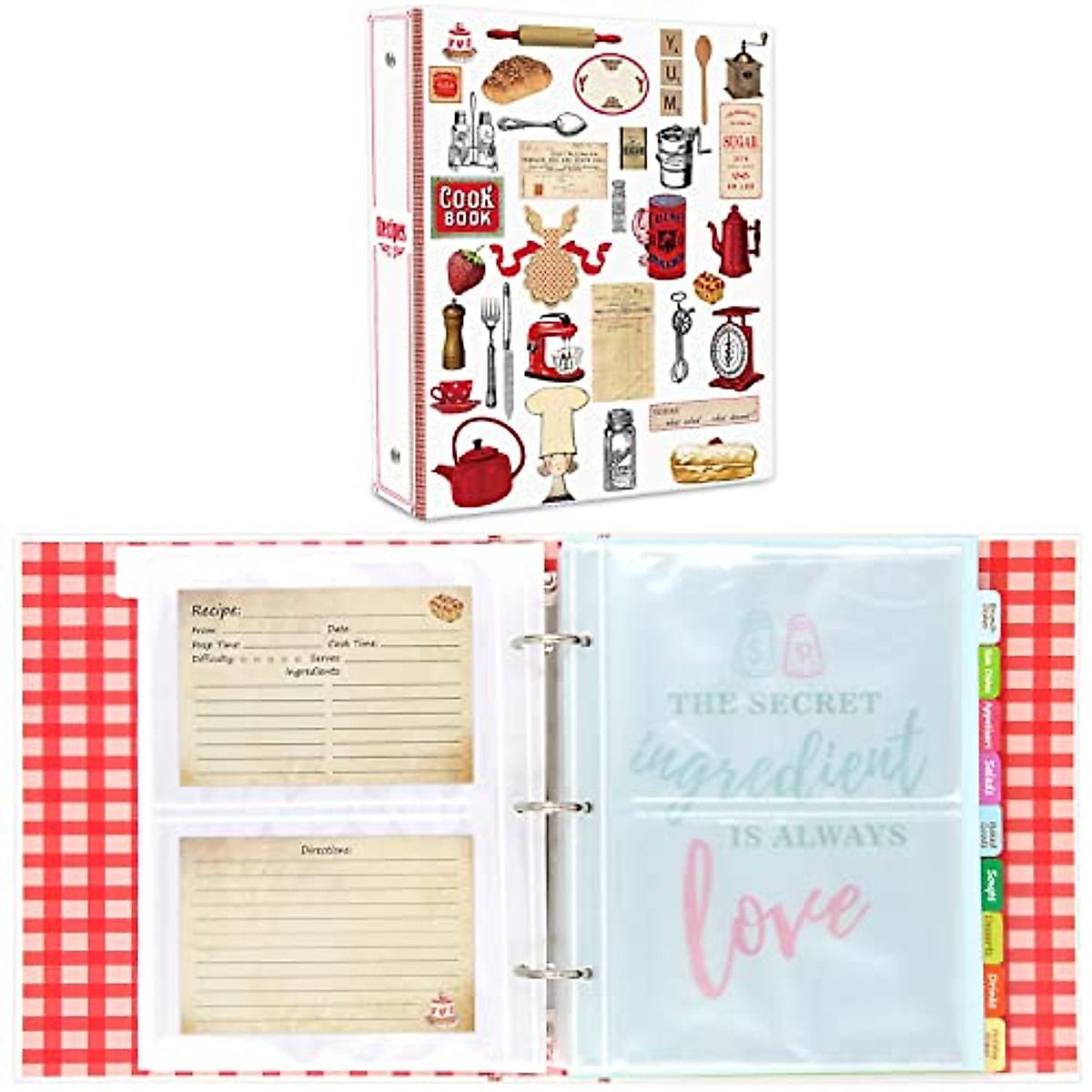 Recipe Binder Book Organizer Keeper Kit 50 PCS Recipe Cards 10 Dividers 50 Plastic Sleeves 3 Ring 8.5 X 9.5 inch Gifts