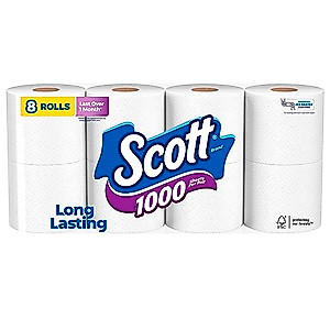 Scott 1000 Toilet Paper, 8 Rolls, Septic-Safe, 1-Ply Toilet Tissue