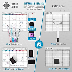 CLEVER CORNER Dry Erase Magnetic Calendar for Refrigerator 16.5x13; 2 Wide Notepads; 4 Markers; Eraser - No Stain Monthly Fridge Calendar Whiteboard