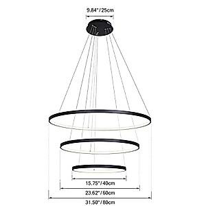 UNITARY Brand Modern Black Acrylic Remote Control Nature White and Warm White Dimmable LED 3 Rings Dining Room Kitchen Pendant Light Max 90W Painted Finish