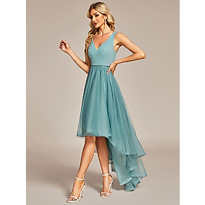 Ever-Pretty Women's Simple A-line Beads Tulle Deep V-Neck Homecoming Dress with Beaded Dusty Blue US8