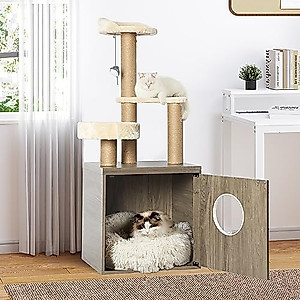 YITAHOME Litter Box Enclosure with Cat Tree, Litter Box Furniture Hidden Furniture, Mordern Cat Tower with Hammock and Scratching Post for Indoor Cats