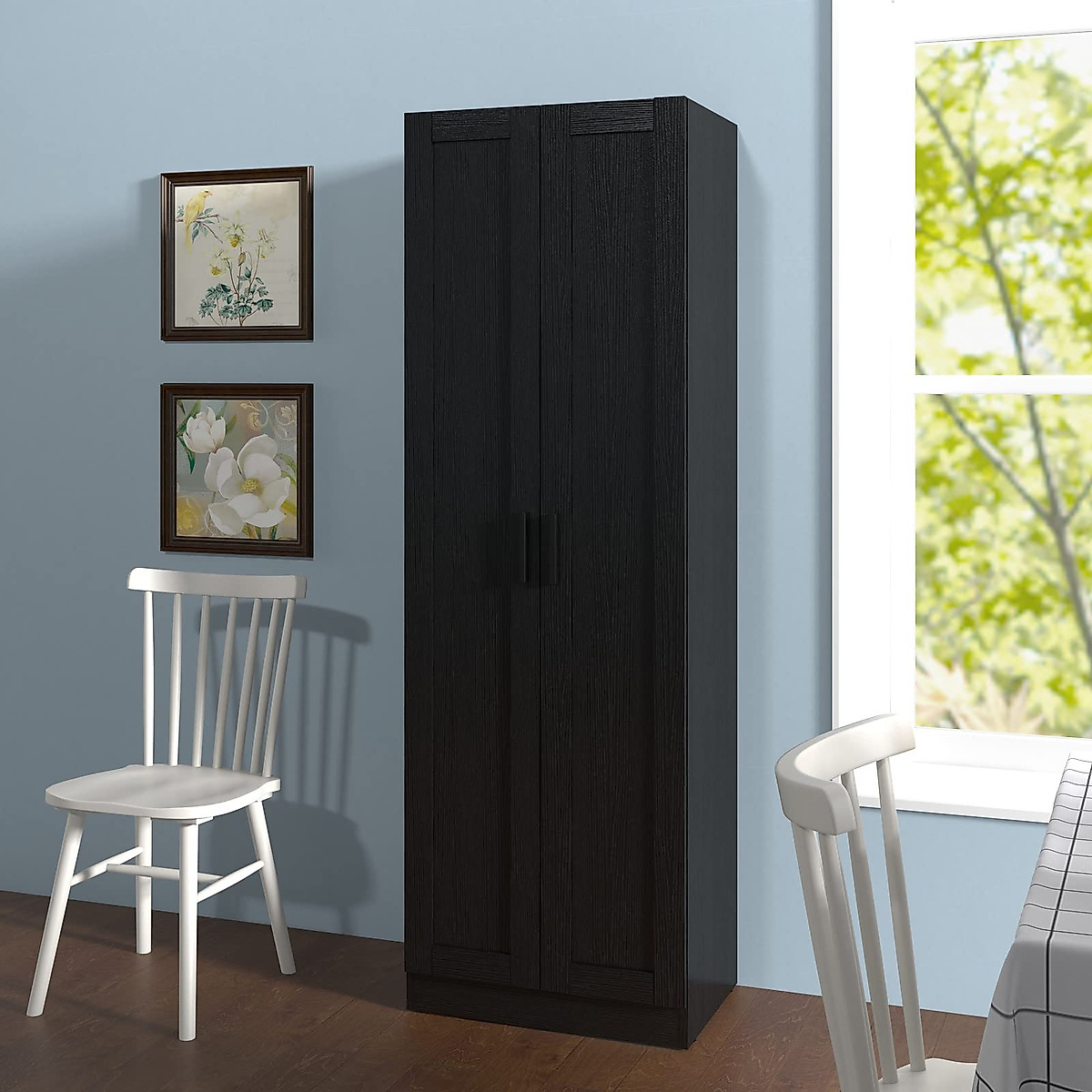 Panana Wooden Tall Storage Cabinet with 2 Doors and Shelves - Free Standing Narrow Food Pantry (Black, 45P)