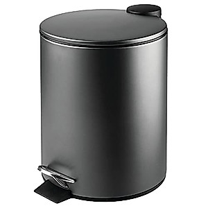 mDesign Metal 1.3 Gallon/5 Liter Round Step Trash Wastebasket, Garbage Container Bin with Lid for Bathroom, Powder Room, Bedroom, Kitchen, Craft Room, Office - Removable Liner Bucket - Black